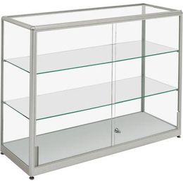 Standvitrine BST, halbhoch, 3 F&auml;cher, abschlie&szlig;bare Schiebet&uuml;ren, B 1500 x T 400 x H 910 mm, Aluminium/Glas, silber