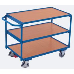 Sch&auml;fer Shop Leichter Tischwagen, Stahl/MDF-Platte, Enzianblau/Buche-Dekor, 3 Etagen, L 835 x B 505 mm, TPE-Rollen mit EasySTOP, bis 250 kg
