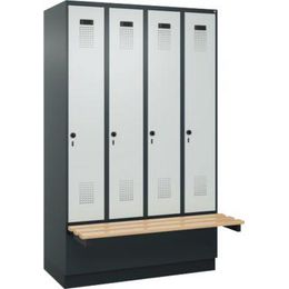 Kleiderspind C+P Evolo Plus, 4 Abteile &agrave; 300 mm Breite, Sockel, schwebende Sitzbank, B 1200 x T 815 x H 1950 mm, Drehriegel, anthrazitgrau/lichtgrau