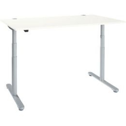 Schreibtisch, zweistufig elektrisch h&ouml;henverstellbar, T-Fu&szlig; Rundrohr, B 1600 x T 800 x H 634-1294 mm, wei&szlig;/wei&szlig;aluminium
