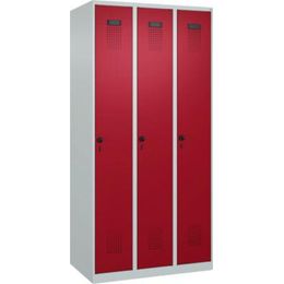 Kleiderspind C+P Evolo Plus, 3 Abteile, Anschlag rechts, Sicherheits-Drehriegel, B 900 x T 500 x H 1850 mm, lichtgrau/rubinrot