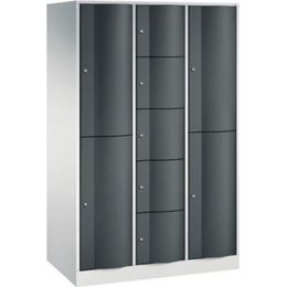 C+P Kombi-Schlie&szlig;fachschrank Resisto, 3 Abteile, 9 F&auml;cher, B 1148 x T 640 x H 1950 mm, Lichtgrau/Anthrazitgrau