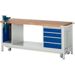 Rau Werkbank Modell 8185, fahrbar, absenkbar, mit Schrank und Schubladen, B 2000 x T 700 x H 880 mm