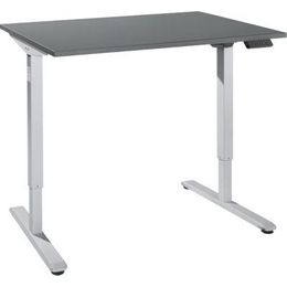 Schreibtisch, elektrisch h&ouml;henverstellbar, Rechteck, T-Fu&szlig;, B 1200 x T 800 x H 755-1255 mm, graphit/wei&szlig;alu + Memory-Bedienpanel, Kabelkanal