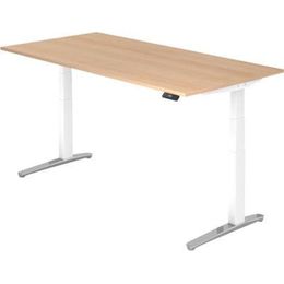 Schreibtisch TOPAS LINE, elektrisch h&ouml;henverstellbar, C-Fu&szlig;, B 2000 x T 1000 x H 650-1300 mm, Eiche/wei&szlig;aluminium + Memoryschalter, Kabelkanal