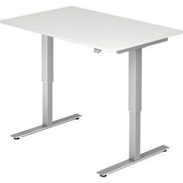 Schreibtisch ULM, elektrisch h&ouml;henverstellbar, Rechteck, T-Fu&szlig;, B 1200 x T 800 x H 720-1190 mm, lichtgrau/alusilber + Kabelwanne