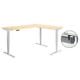 Sch&auml;fer Shop Sch&auml;fer Shop Genius Winkelschreibtisch AERO FLEX, elektrisch h&ouml;henverstellbar, 90&deg; Winkel, C-Fu&szlig;, B 2000 x T 1600 mm, Ahorn-Dekor/wei&szlig;aluminium, Memorypanel + Kabelkanal