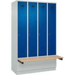 Kleiderspind C+P Evolo Plus, 4 Abteile &agrave; 300 mm Breite, Sockel, schwebende Sitzbank, B 1200 x T 815 x H 1950 mm, Zylinder, lichtgrau/enzianblau
