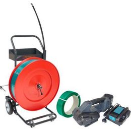 Profi-Umreifungsset, mit Abrollwagen Premium X, Akku-Umreifungsger&auml;t BW-04 & KU Polyesterband, L 1200 m x B 18,5 mm, St&auml;rke 0,85 mm, gepr&auml;gt, gr&uuml;n