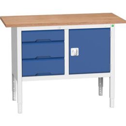 Kastenwerkbank Bott verso, Multiplex-Platte, 3 Schubladen & 1 T&uuml;r, B 1250 x T 600 x H 830 - 930 mm, RAL 7035 Lichtgrau / Enzianblau