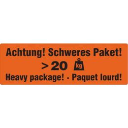 Warnetiketten &bdquo;Achtung! Schweres Paket >20 KG&ldquo;, 3-sprachig, 148 x 48 mm, perforiert, Haftpapier, leuchtrot mit schwarzem Aufdruck, 1 Rolle mit 500 St&uuml;ck