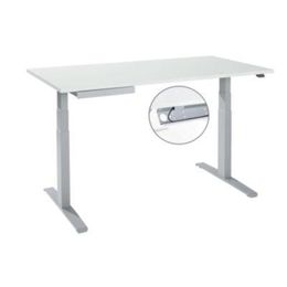Schreibtisch, elektrisch h&ouml;henverstellbar, T-Fu&szlig;, B 1600 x T 800 x H 645-1290 mm, lichtgrau/wei&szlig;aluminium + Kabelkanal, Zubeh&ouml;rschublade