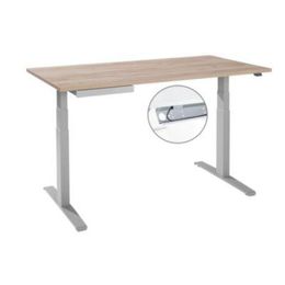 Schreibtisch, elektrisch h&ouml;henverstellbar, T-Fu&szlig;, B 1600 x T 800 x H 645-1290 mm, Wildeiche/wei&szlig;aluminium + Kabelkanal, Zubeh&ouml;rschublade