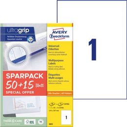 Avery Zweckform Etiketten 6603, universal, ultragrip, geeignet f&uuml;r Inkjet- & Laserdrucker, 210 x 297 mm, 65 St&uuml;ck/65 A4-Bogen, FSC&reg;-Papier, wei&szlig;