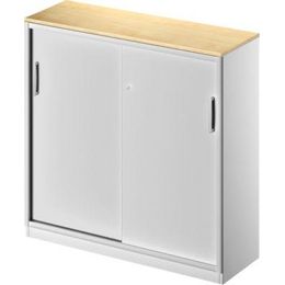 Sch&auml;fer Shop Sch&auml;fer Shop Genius Schiebet&uuml;renschrank TETRIS SOLID, 3 OH, B 1200 x H 1170 mm, Mitteltrennwand, 19 mm Abdeckplatte, Ahorn/wei&szlig;alu