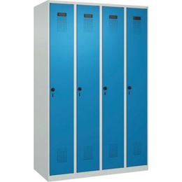 Kleiderspind C+P Evolo Plus, 4 Abteile, Anschlag rechts, Sicherheits-Drehriegel, B 1200 x T 500 x H 1850 mm, lichtgrau/lichtblau