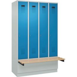 Kleiderspind C+P Evolo Plus, 4 Abteile &agrave; 300 mm Breite, Sockel, schwebende Sitzbank, B 1200 x T 815 x H 1950 mm, Zylinder, lichtgrau/lichtblau