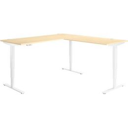 Sch&auml;fer Shop Winkelschreibtisch AERO FLEX, elektrisch h&ouml;henverstellbar, 90&deg; Winkel, T-Fu&szlig;, B 2000 x T 2000 mm, Ahorn/wei&szlig; + Memorypanel