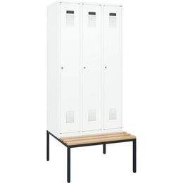 Kleiderspind C+P Evolo Plus, 3 Abteile, 300 mm Abteilbreite, mit untergebauter Sitzbank, B 900 x T 815 x H 2120 mm, Zylinder, verkehrswei&szlig;/verkehrswei&szlig;