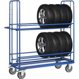 Reifenwagen Fetra 4596, bis 400 kg, 2 Etagen mit variabel einh&auml;ngbaren Reifentr&auml;gern, Ladefl&auml;che L 1420 x B 610 mm, Drahtgitterboden, TPE-Bereifung
