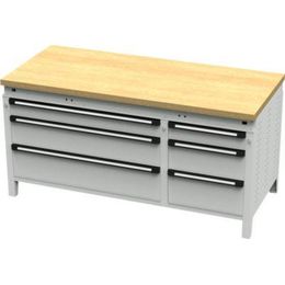 Otto Kind Breitfachwerkbank Typ 430, Buche Multiplexplatte, b&uuml;ndig, bis 1400 kg, B 1697 x T 750 x H 850 mm, Stahl, Zentralverschluss, lichtgrau/lichtgrau