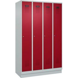 Kleiderspind C+P Evolo Plus, 4 Abteile, 300 mm Abteilbreite, mit Sockel, Anschlag rechts, B 1200 x T 500 x H 1950 mm, Zylinder, lichtgrau/rubinrot