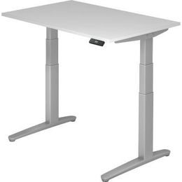 Schreibtisch TOPAS LINE, elektrisch h&ouml;henverstellbar, C-Fu&szlig;, B 1200 x T 800 x H 650-1300 mm, lichtgrau/wei&szlig;aluminium + Memoryschalter, Kabelkanal