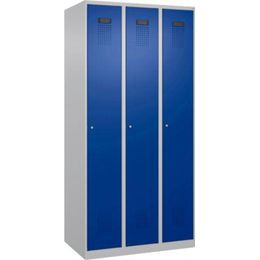 Kleiderspind C+P Evolo Plus, 3 Abteile, Anschlag rechts, Zylinderschloss, B 900 x T 500 x H 1850 mm, wei&szlig;aluminium/enzianblau