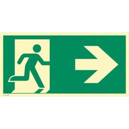 moedel Fluchtwegschild &bdquo;Notausgang rechts Pfeil rechts&ldquo;, nach ISO 7010 E002, Aluminium 0,6 mm, langnachleuchtend, B 400 x H 200 mm