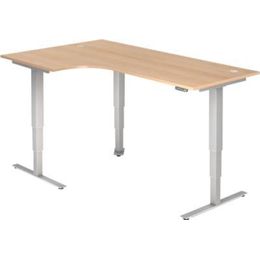 Winkelschreibtisch ULM, elektrisch h&ouml;henverstellbar, 90&deg; Winkel links, T-Fu&szlig;, B 2000 x T 1200/1200 x H 625-1275 mm, Eiche/wei&szlig;alu + Memoryschalter