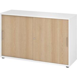 Schiebetürschrank Breno, abschließbar, Spanplatte, melaminharzbeschichtet, B 1200 x T 400 x H 748 mm, 2 Ordnerhöhen, weiß/Eiche