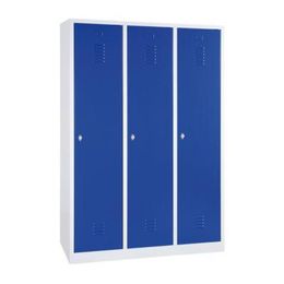 Kleiderspind, 3 T&uuml;ren, B 1200 x H 1800 mm, Drehriegelverschluss, lichtgrau/blau