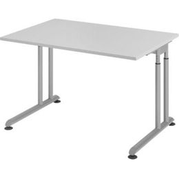Schreibtisch Breno, manuelle H&ouml;heneinstellung, horizontaler Kabelkanal, B 1200 x T 800 x H 680-820 mm, Spanplatte & Stahl, Lichtgrau/Silber