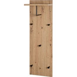 Wandgarderobe HAKU, 5 Haken mit jeweils 3 kg Tragkraft, Kleiderstange, Hutablage, B 300 x T 200 x H 1000 mm, Holz/Metall, helles Eiche-Dekor/schwarz