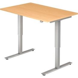 Schreibtisch ULM, elektrisch h&ouml;henverstellbar, Rechteck, T-Fu&szlig;, B 1200 x T 800 x H 720-1190 mm, Buche/alusilber + Kabelwanne