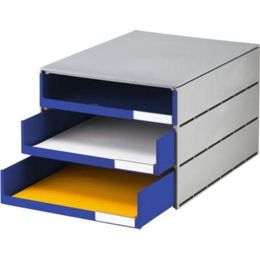 Schubladenbox Styro&reg; Styroval, Format C4, 3 offene Sch&uuml;be, stapelbar, Beschriftungsmaterial, B 243 x T 335 x H 200 mm, Recycling-Kunststoff, grau-blau