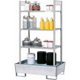 Gefahrstoffregal ASECOS RWG 1064, B 1236 x T 816 x H 2100 mm, mit 200 l Auffangwanne aus verzinktem Stahl und 4 Stahl-Gitterostb&ouml;den