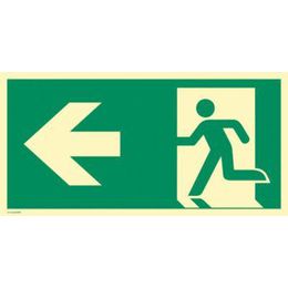 moedel Fluchtwegschild &bdquo;Notausgang links Pfeil links&ldquo;, nach ISO 7010 E001, Kunststoff selbstklebend, langnachleuchtend, B 297 x H 148 mm