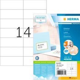 Herma Premium-Adressetiketten Nr. 4674, 105 x 42,3 mm, selbstklebend, permanenthaftend, bedruckbar, Papier, wei&szlig;, 1400 St&uuml;ck auf 100 Blatt