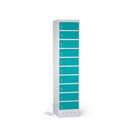 Laptopschrank mit Ladefunktion, 10 Abteile mit Zylinderschloss, Stahlblech lichtgrau RAL 7035/t&uuml;rkisblau RAL 5018