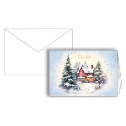 Korsch Weihnachtskarten "Haus im Schnee", Goldfolienpr&auml;gung, strukturierter Karton, Querformat 17 x 11,5 cm, FSC, inkl. doppeltem Einlegeblatt & Kuvert, 10 St&uuml;ck