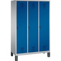 Garderobenspind Evolo S 3000, Stahl, m. F&uuml;&szlig;en, 3 Abteile, Sicherheitsdrehriegelverschluss, wei&szlig;aluminium RAL 9006/enzianblau RAL 5010