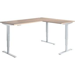 Sch&auml;fer Shop Winkelschreibtisch AERO FLEX, elektrisch h&ouml;henverstellbar, 90&deg; Winkel, T-Fu&szlig;, B 2000 x T 2400 mm, Eiche/wei&szlig;alu + Memorypanel