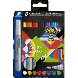 Kreidemarker Staedtler Lumocolor®, Rundspitze, Strichbreite 2,4 mm, für glatte Oberflächen, Flüssigkeit auf Wasserbasis, 8er-Set farbsoriert
