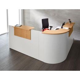 Winkeltheke Come-In, rund, L 2125 x B 2525 mm, wei&szlig;, 3 Ablagen in Buche-Dekor, Eckelement wei&szlig;