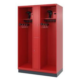 Feuerwehrspind C+P Evolo Maxi, 4 Abteile f&uuml;r 2 Personen, mit Helmhalter, mit Sockel, B 1200 x T 600 x H 1950 mm, RAL 3000 Feuerrot/RAL 7016 Anthrazitgrau
