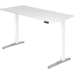 Schreibtisch TOPAS LINE, elektrisch h&ouml;henverstellbar, C-Fu&szlig;, B 1800 x T 800 x H 650-1300 mm, wei&szlig;/wei&szlig;aluminium + Memoryschalter, Kabelkanal