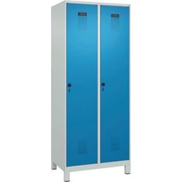 Kleiderspind C+P Evolo Plus, 2 Abteile, 400 mm Abteilbreite, mit F&uuml;&szlig;en, Anschlag rechts, B 800 x T 500 x H 1950 mm, Drehriegel, lichtgrau/lichtblau
