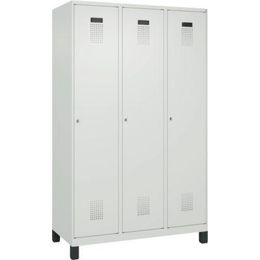 Kleiderspind C+P Evolo Plus, 3 Abteile, 400 mm Abteilbreite, mit F&uuml;&szlig;en, Anschlag rechts, B 1200 x T 500 x H 1950 mm, Zylinder, lichtgrau/lichtgrau
