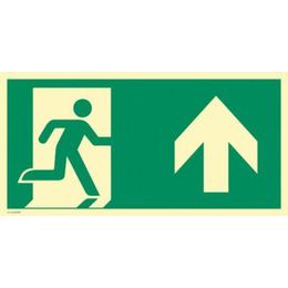 moedel Fluchtwegschild &bdquo;Notausgang rechts Pfeil oben&ldquo;, nach ISO 7010 E002, Aluminium 0,6 mm, langnachleuchtend, B 400 x H 200 mm